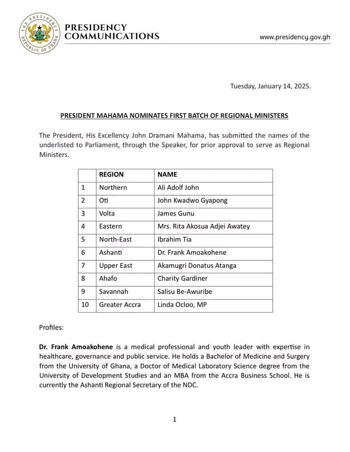 REGIONAL MINISTERS :REGION NAMES