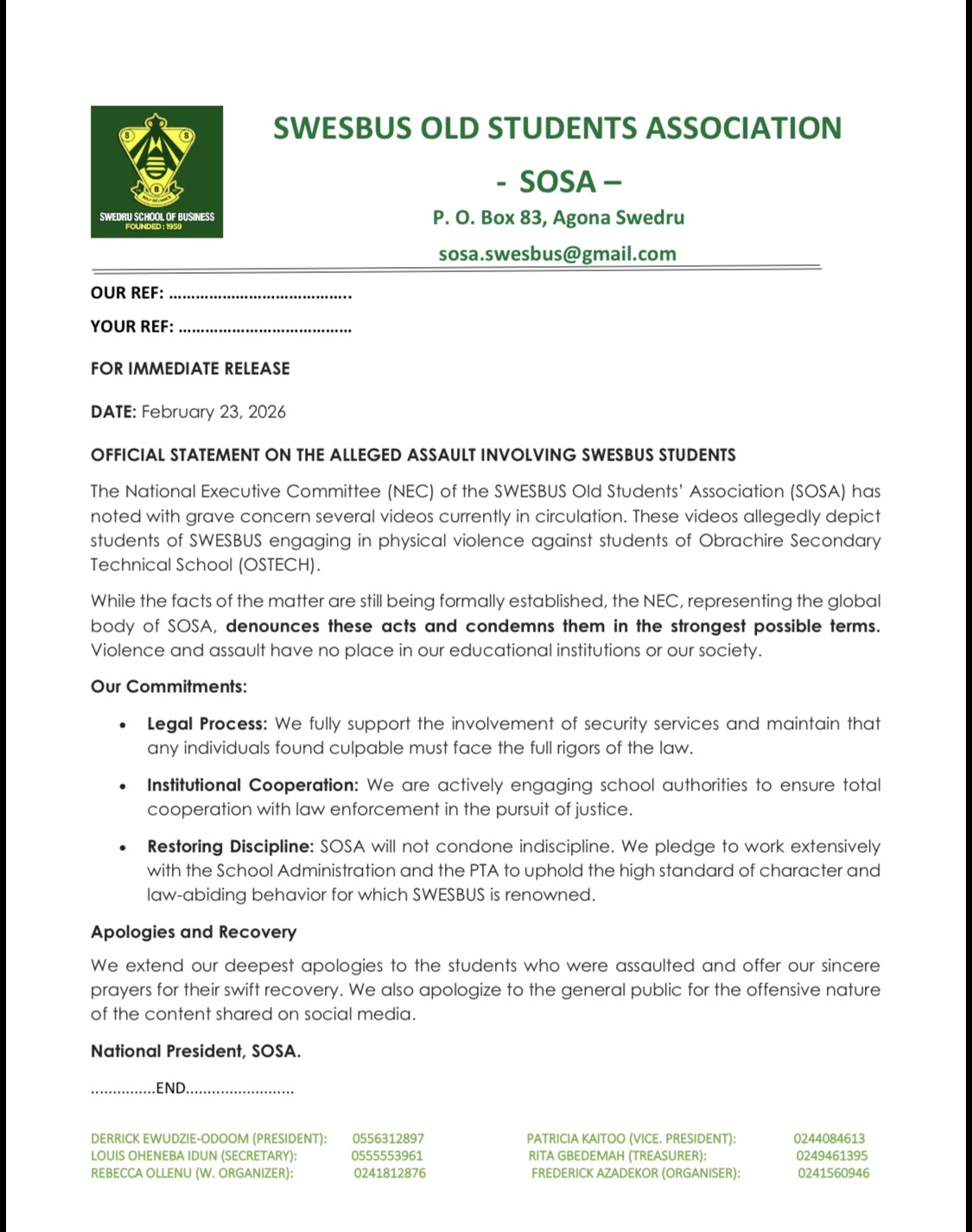 SWESBUS OLD STUDENTS ASSOCIATION CONDEMNS ALLEGED ASSAULT INVOLVING ...